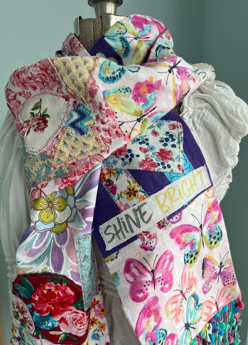 Patchwork Scarf, Upcycled Fabric Wrap, Happy, Embellished Scarf ...
