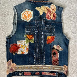 Denim Vest, Embellished Vest, Distressed, Applique, Upcycled Vest, Fall ...