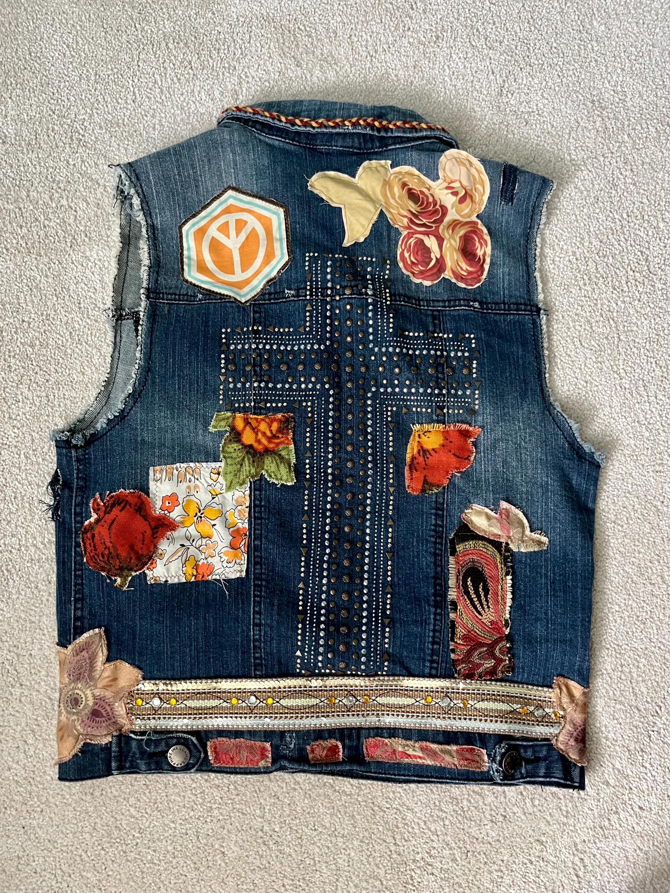 Denim Vest, Embellished Vest, Distressed, Applique, Upcycled Vest, Fall ...