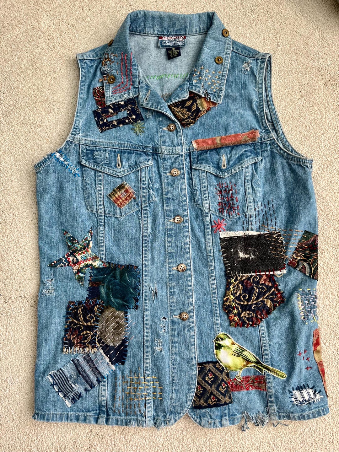 Denim Vest, Embellished Vest, Distressed, Applique, Upcycled Vest, Bird ...