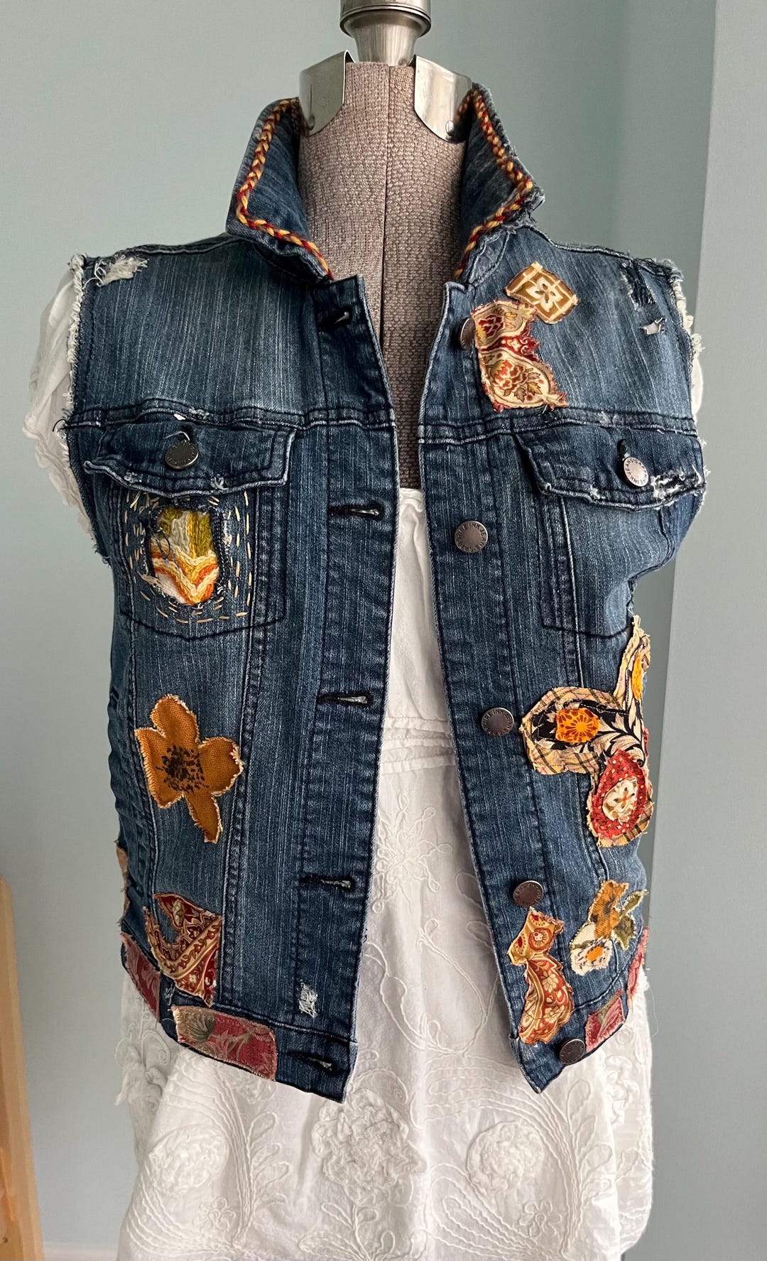 Denim Vest, Embellished Vest, Distressed, Applique, Upcycled Vest, Fall ...