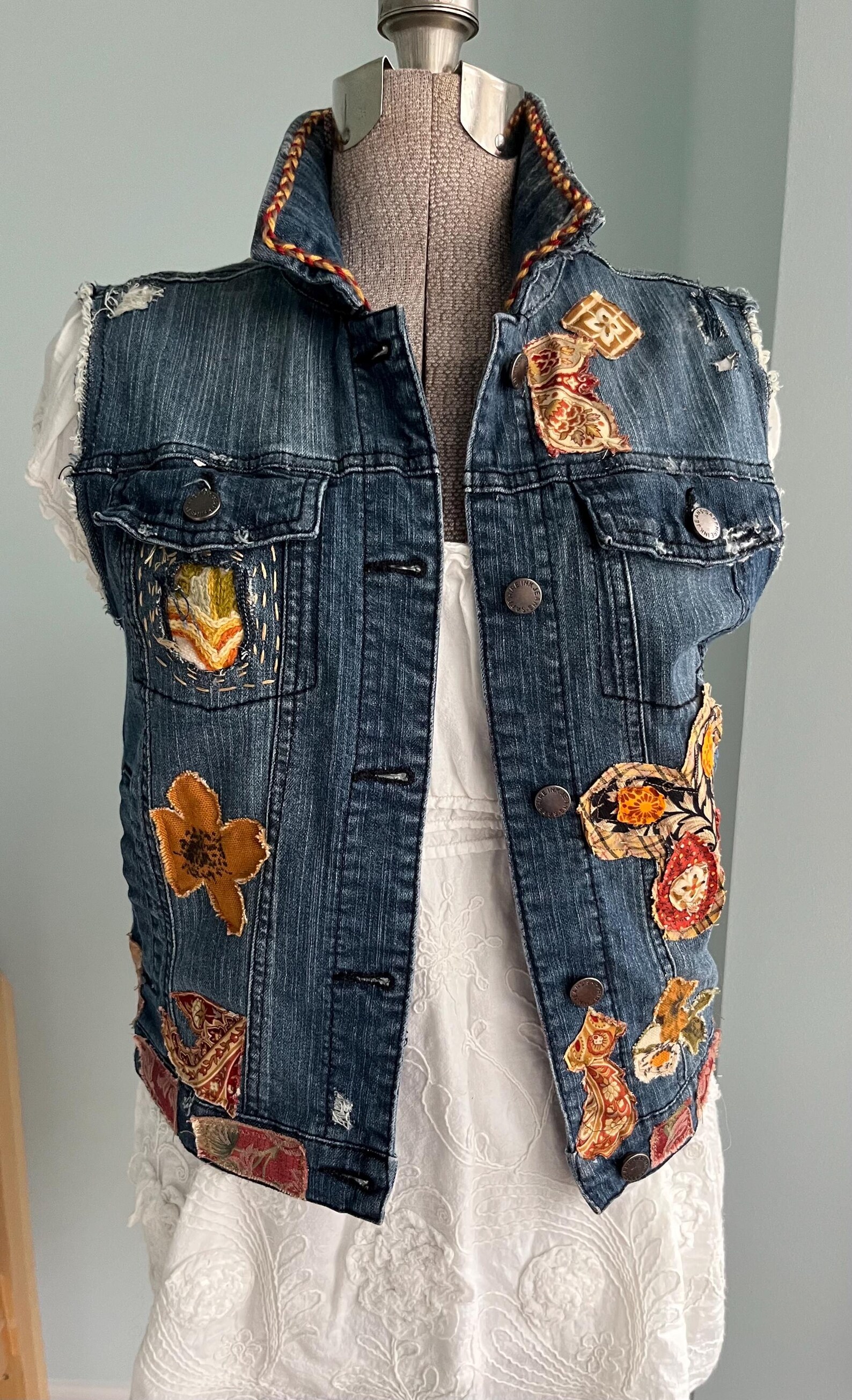 Denim Vest, Embellished Vest, Distressed, Applique, Upcycled Vest, Fall ...