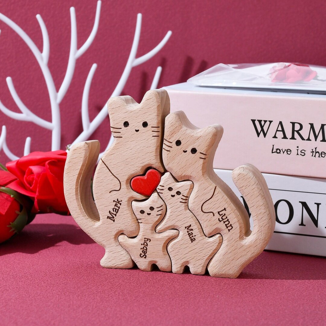 Wooden Cat Family Puzzle, Cat Lover Gifts, Personalized Animal Jigsaw ...