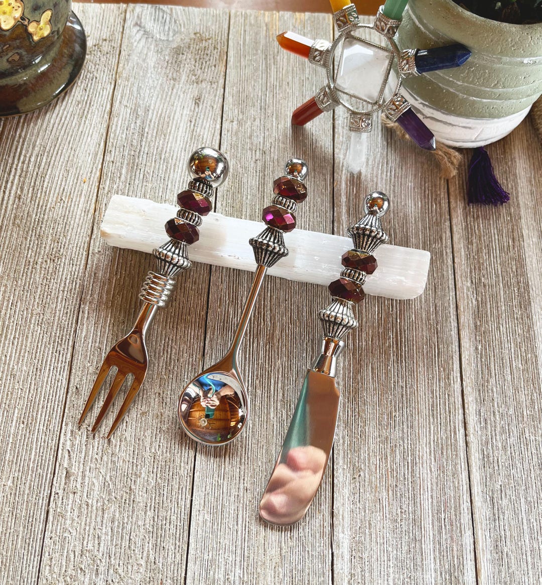 Purple Beaded Utensil Set: Elegant Appetizer Fork, Spoon & Knife - Etsy