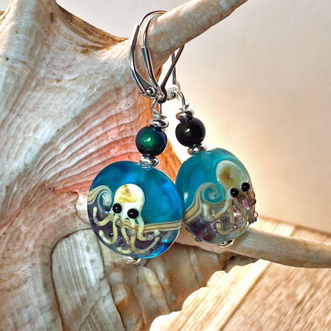 Quirky Octopus Lamp-worked Glass Earrings With Mood Bead Topper for Sea ...