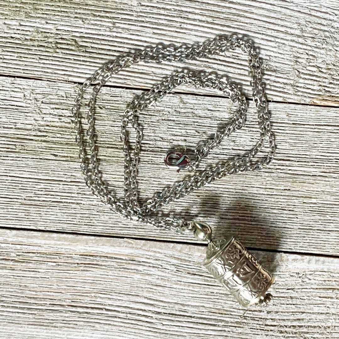 Zen Calming Mantra Necklace With Prayer Wheel - Silver Engraved Pendant ...