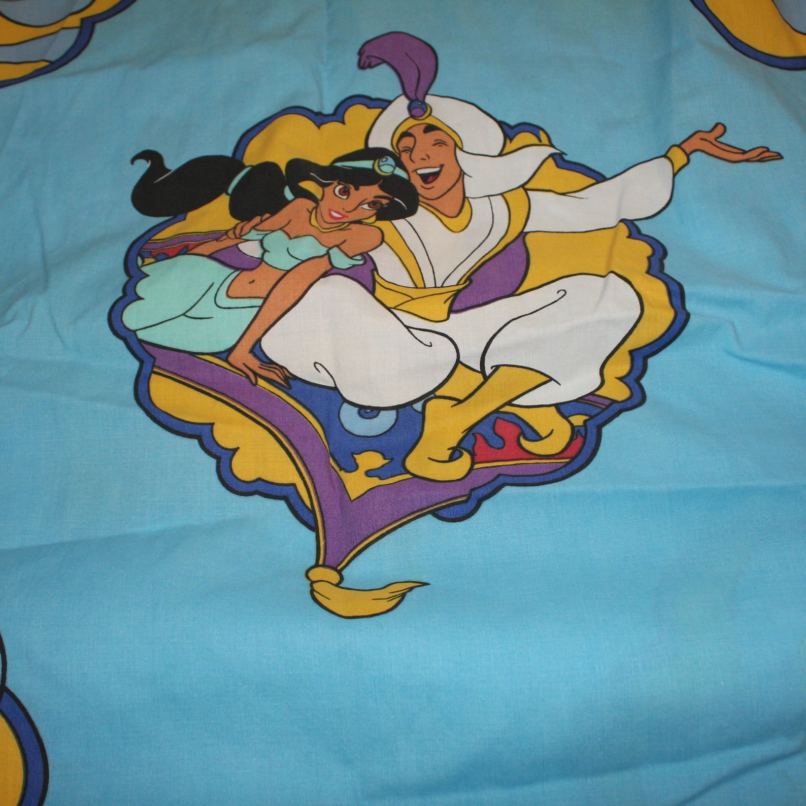 VTG Disney Aladdin Full Fitted Sheet Genie Iago Abu Jafar Jasmine Craft ...