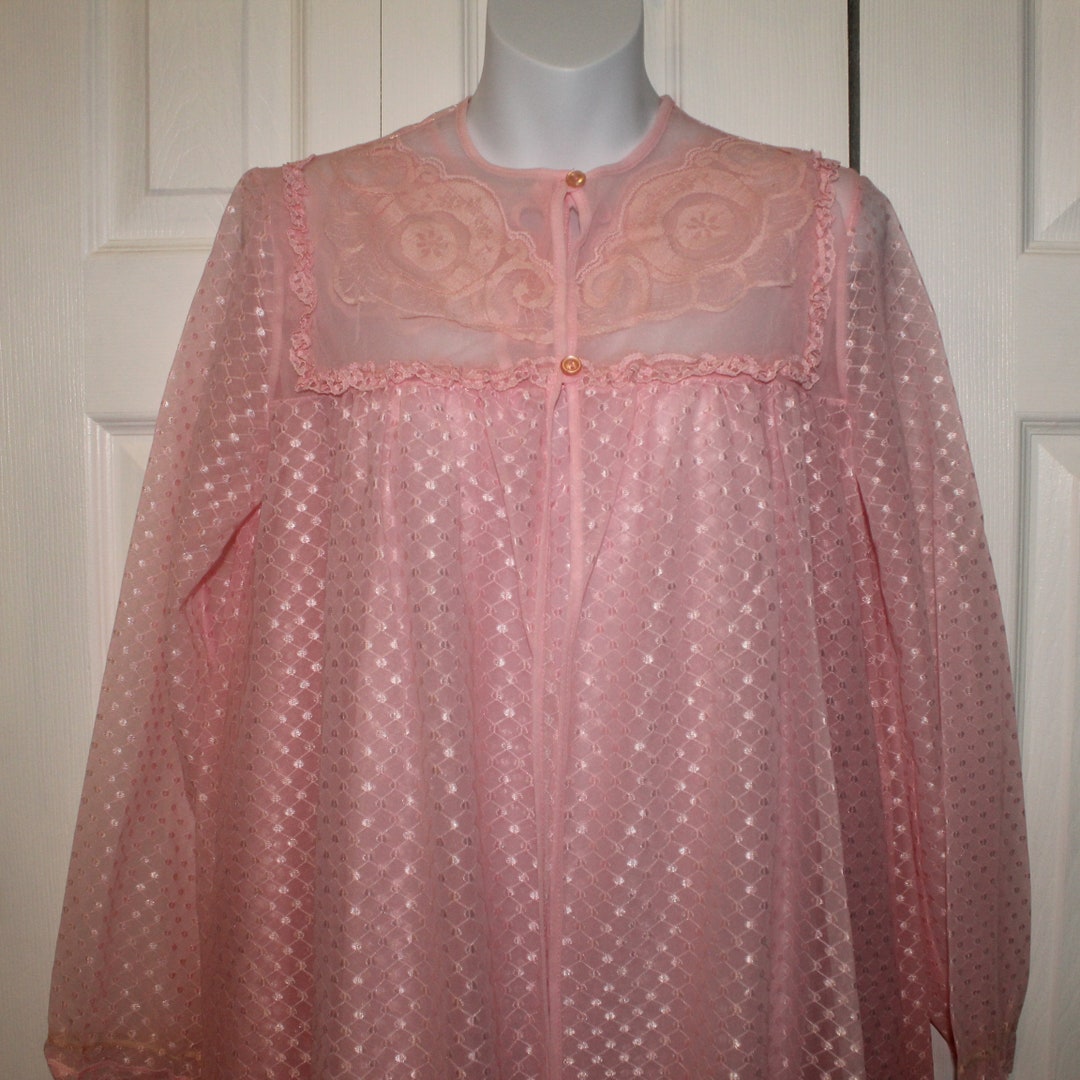 Vintage Pink Negligee Set Nightgown Jacket 1970s Pink Shimmery Detail L ...