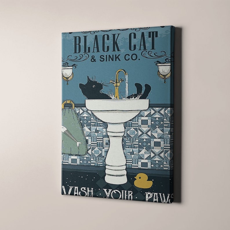 Black Cat Wash Your Paws Poster, Bathroom Decoration Print, Animal ...