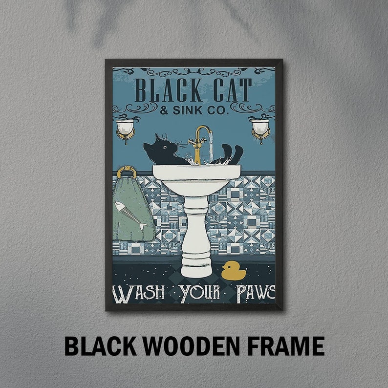 Black Cat Wash Your Paws Poster, Bathroom Decoration Print, Animal ...