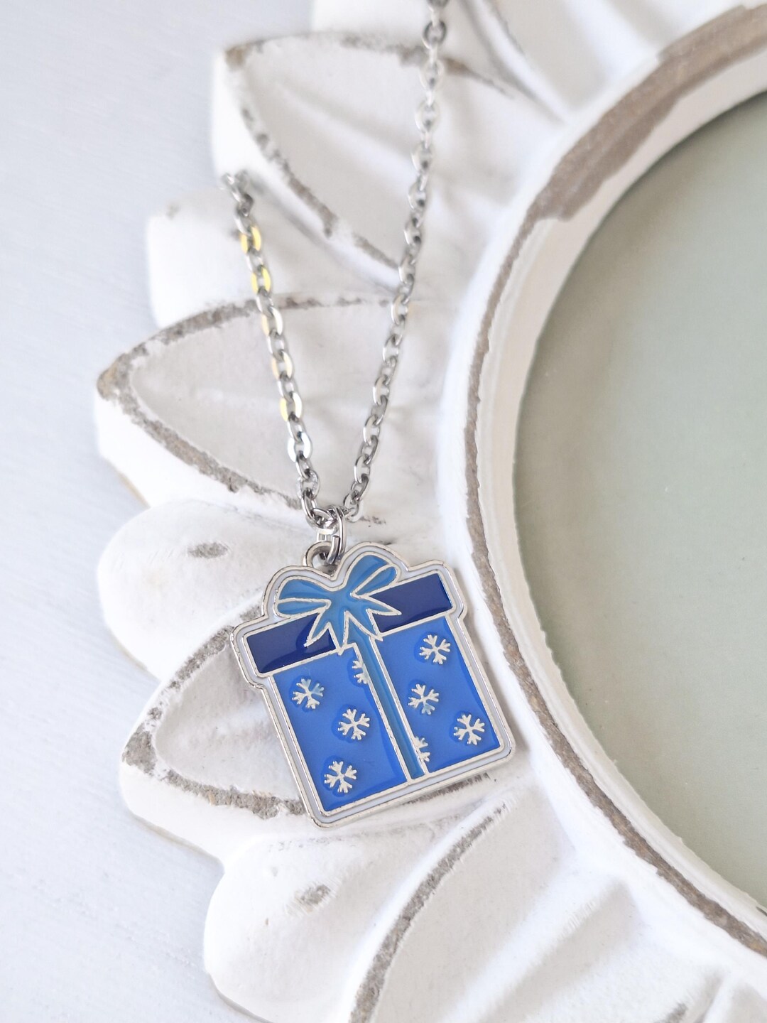 Blue Enamel Present Necklace, Stainless Steel Chain - Etsy
