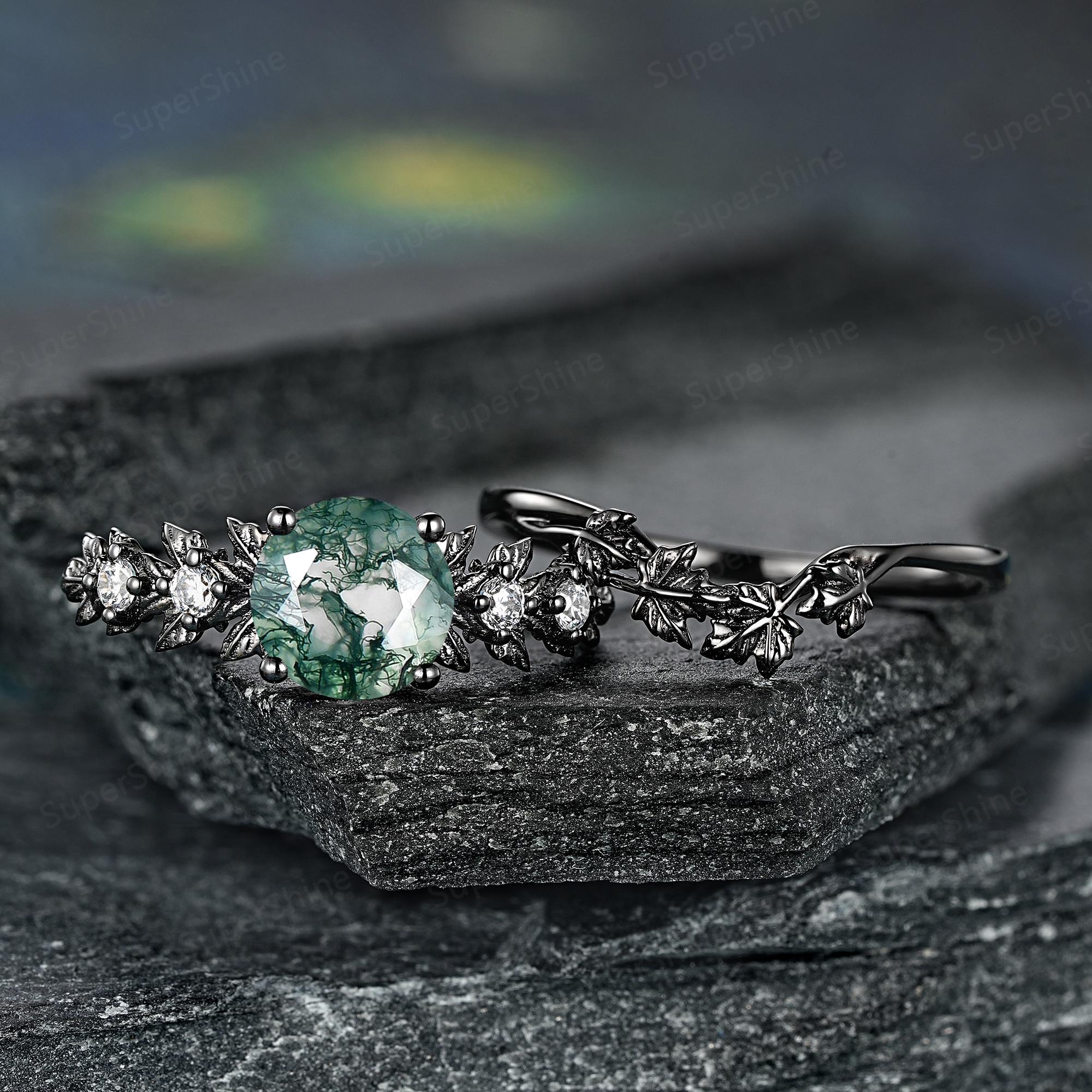 Round Moss Agate Engagement Ring Set Black Gold Maple Leaf Wedding ...
