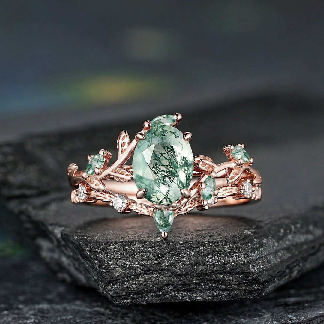 Nature Inspired Moss Agate Leaf Engagement Ring, Oval Mossy Agate 14k ...