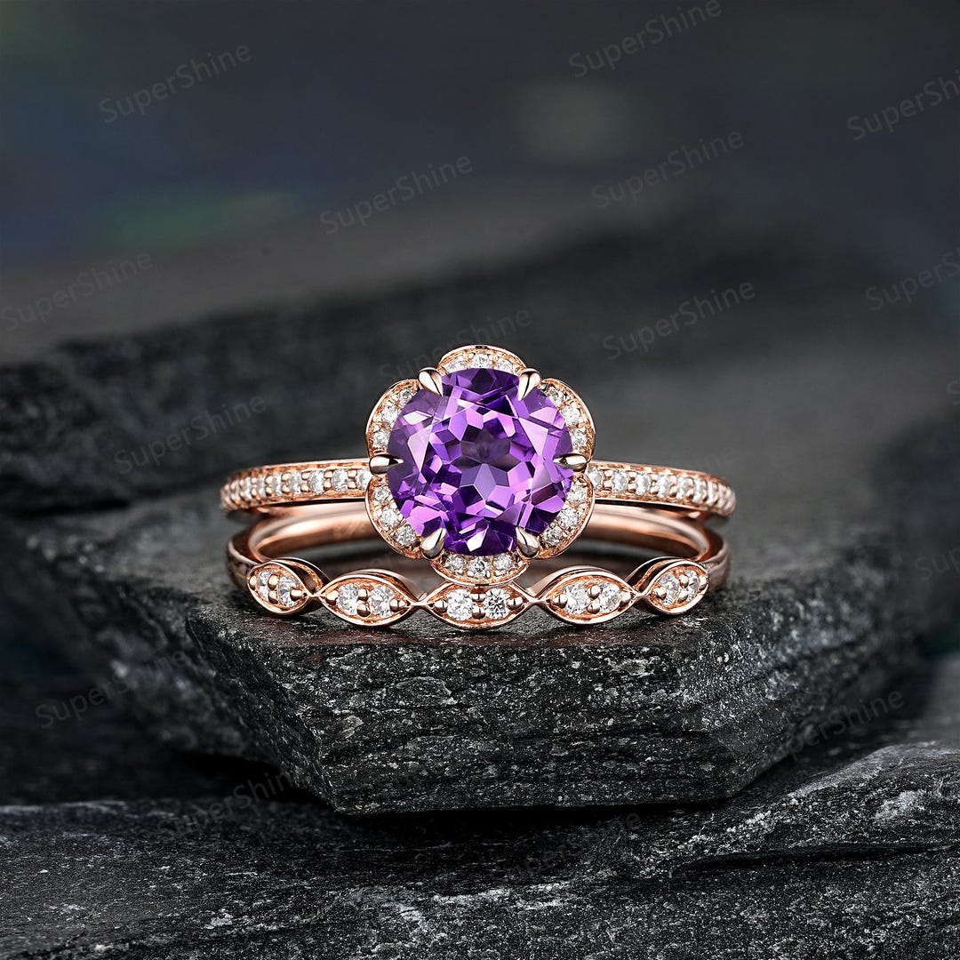 Amethyst Wedding Ring Set 14k Gold Moissanite Halo Floral Anniversary ...