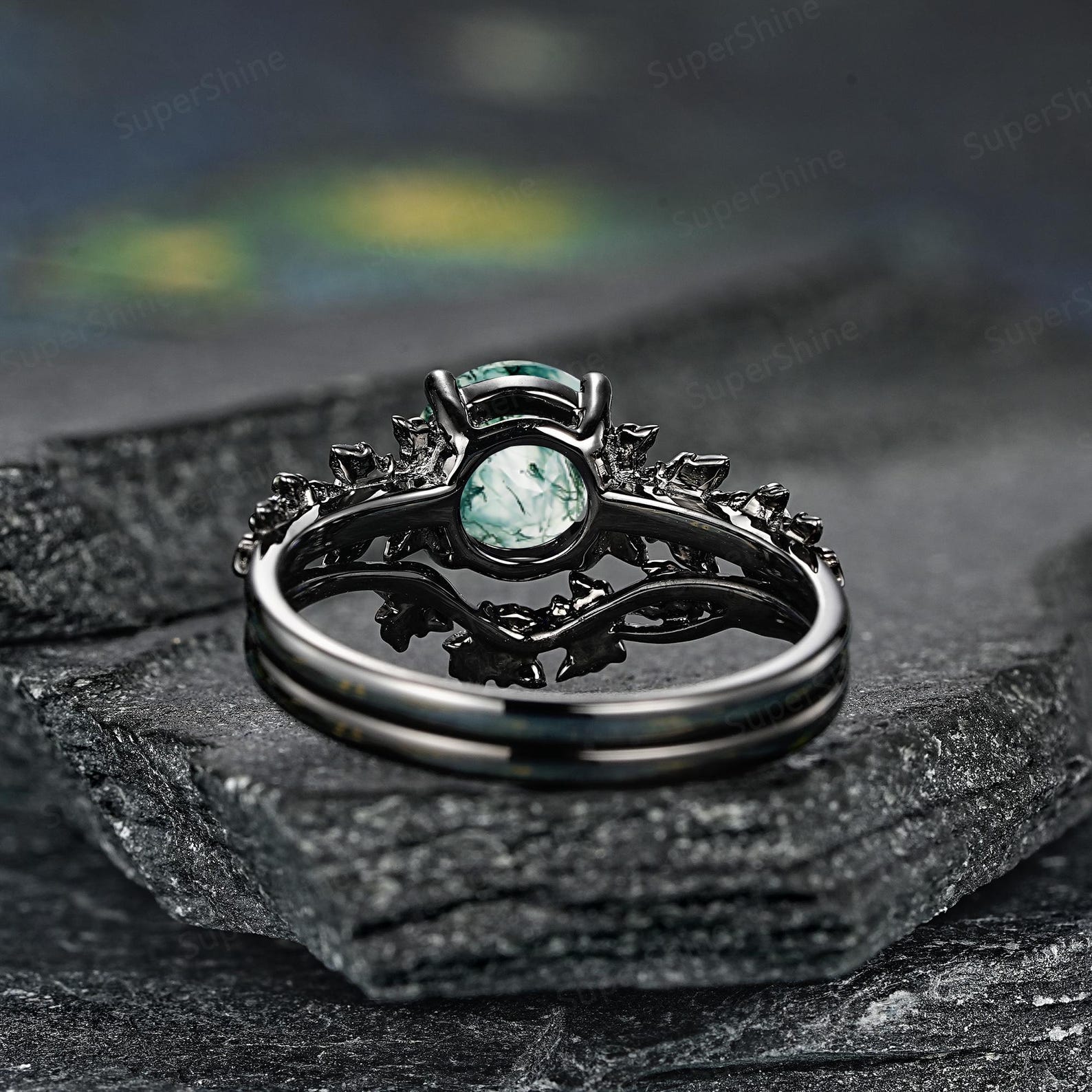 Round Moss Agate Engagement Ring Set Black Gold Maple Leaf Wedding ...
