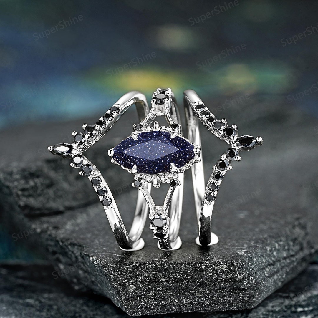Marquise Cut Galaxy Blue Sandstone Engagement Rings Set 3pcs Starry ...