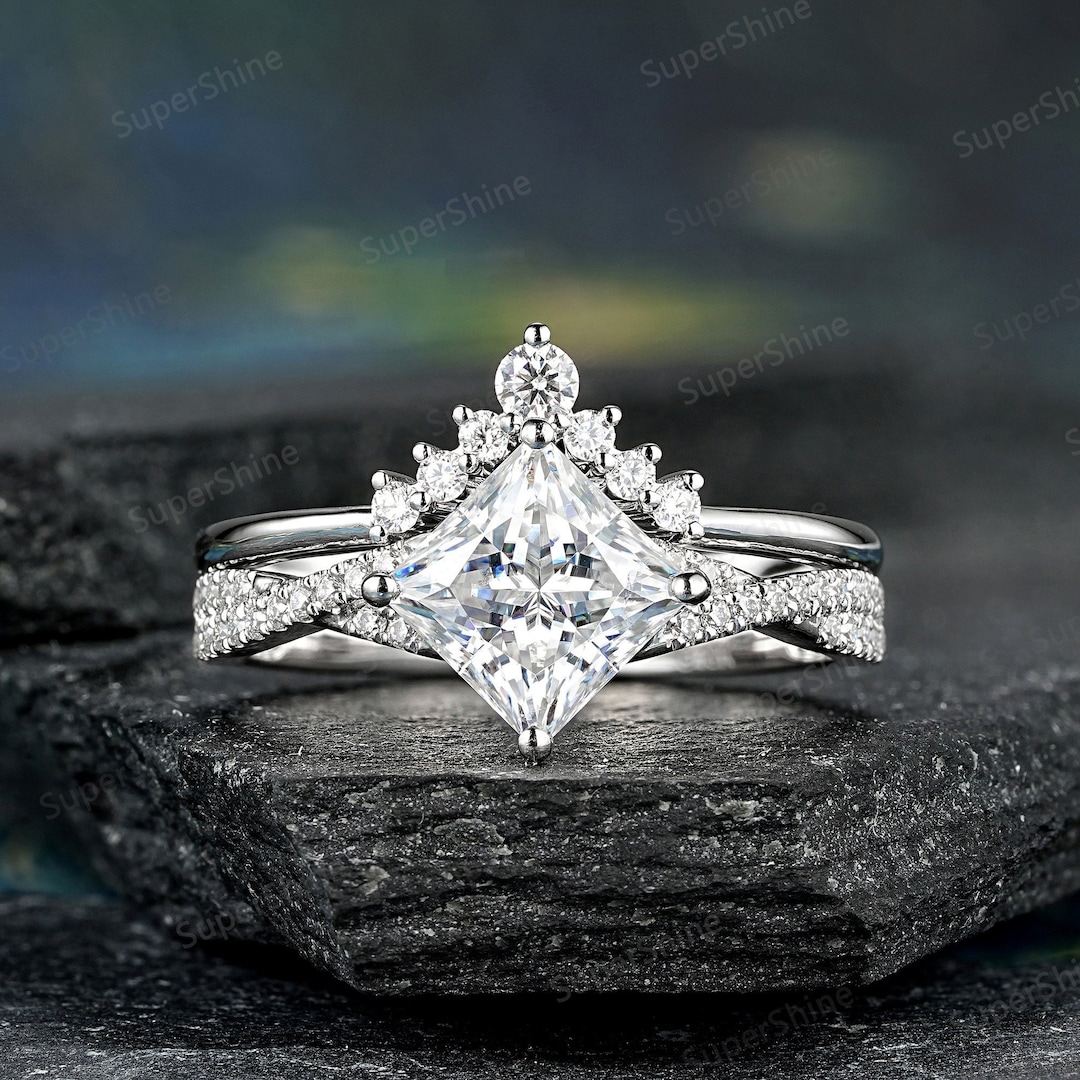 Princess Cut Moissanite Engagement Rings Vintage 14k White Gold Moissanite Pave Wedding Rings ...
