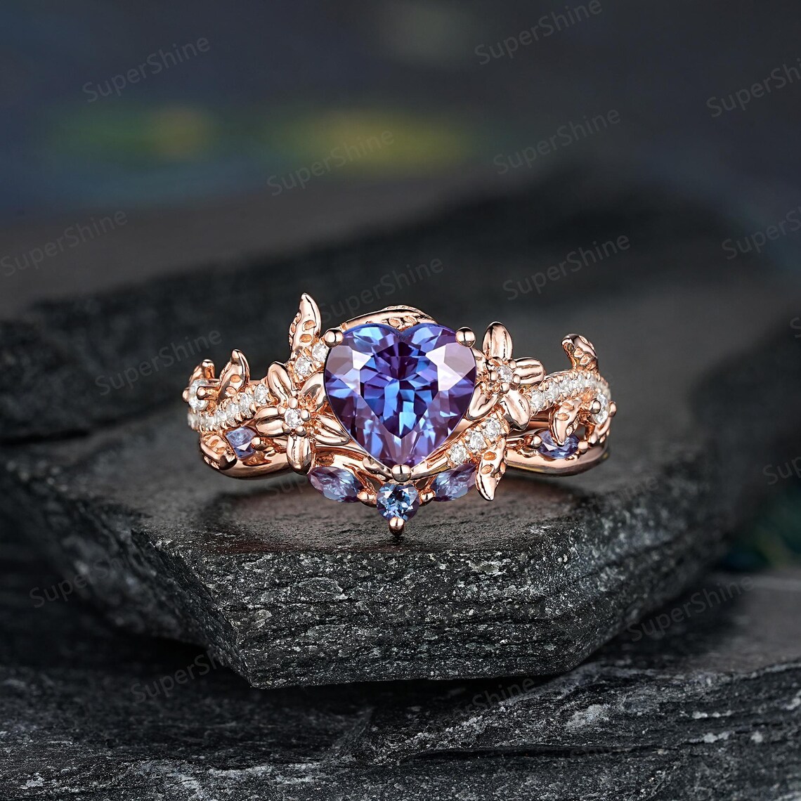 Heart Cut Alexandrite Engagement Ring Set Leaf Floral Moissanite ...