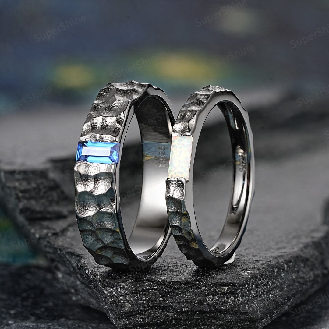 2pcs Hammered Couple Ring Set, Black Gold White Opal Engagement Rings ...