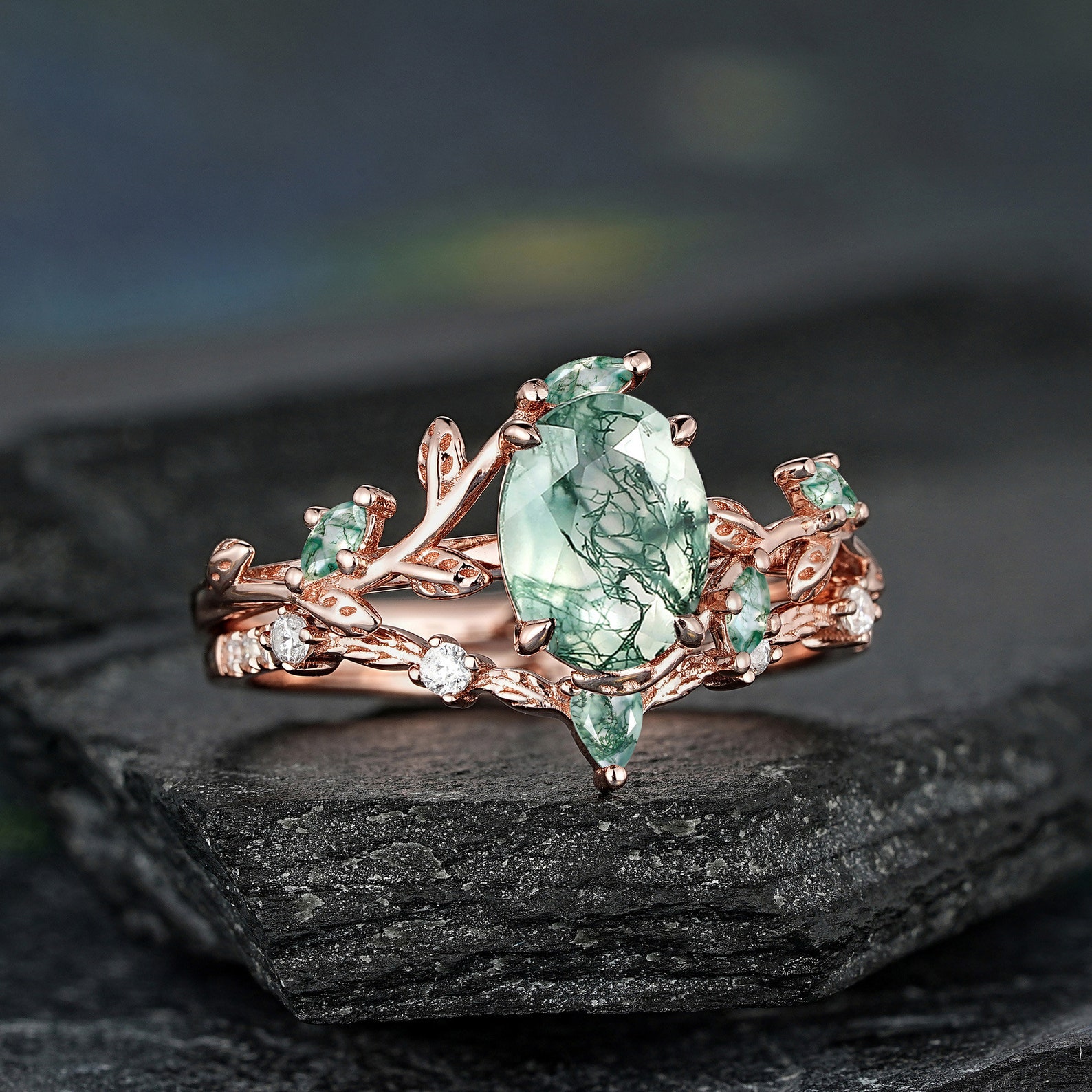 Nature Inspired Moss Agate Leaf Engagement Ring, Oval Mossy Agate 14k ...