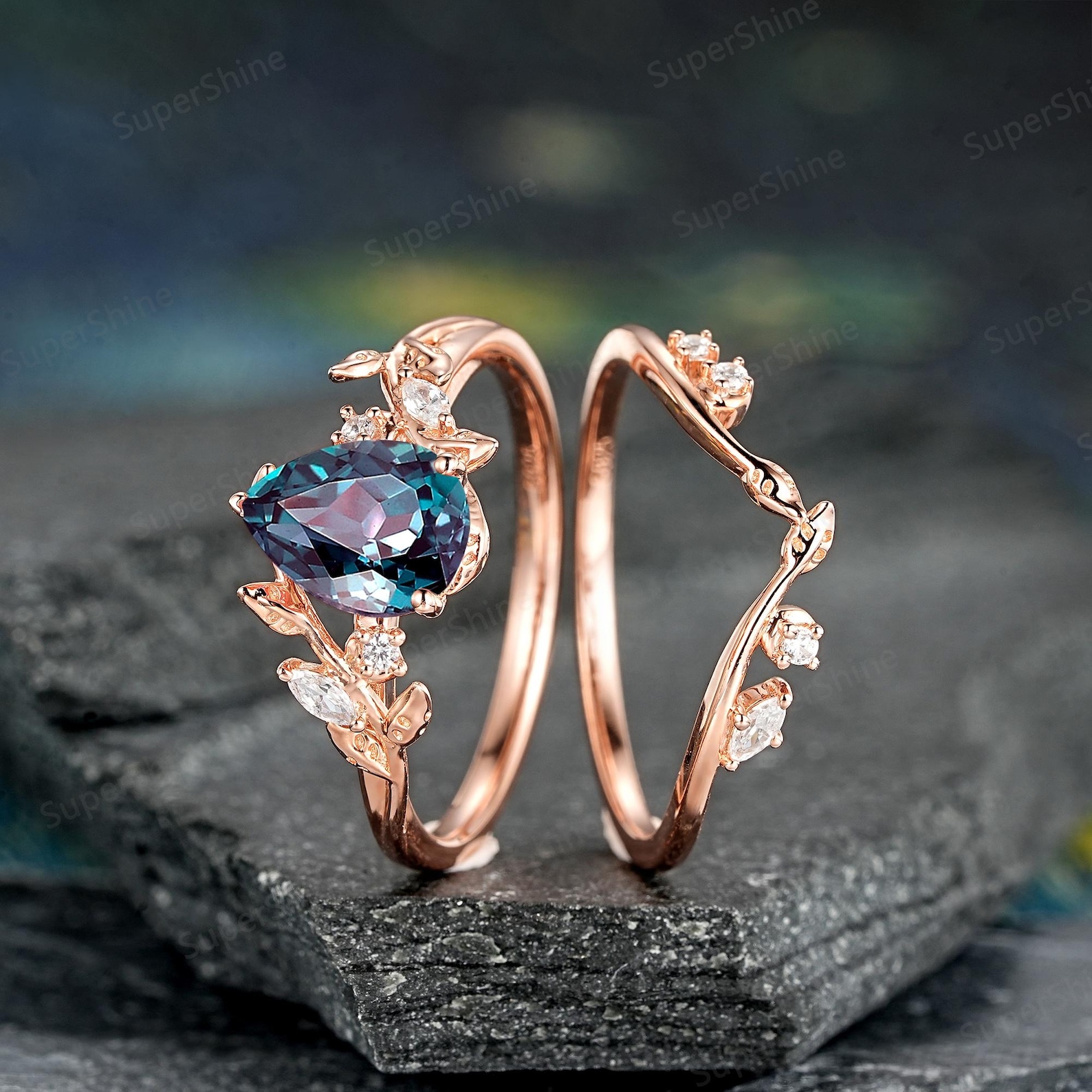Pear Shape Alexandrite Engagement Ring Set Nature Inspired Leaf Branch ...