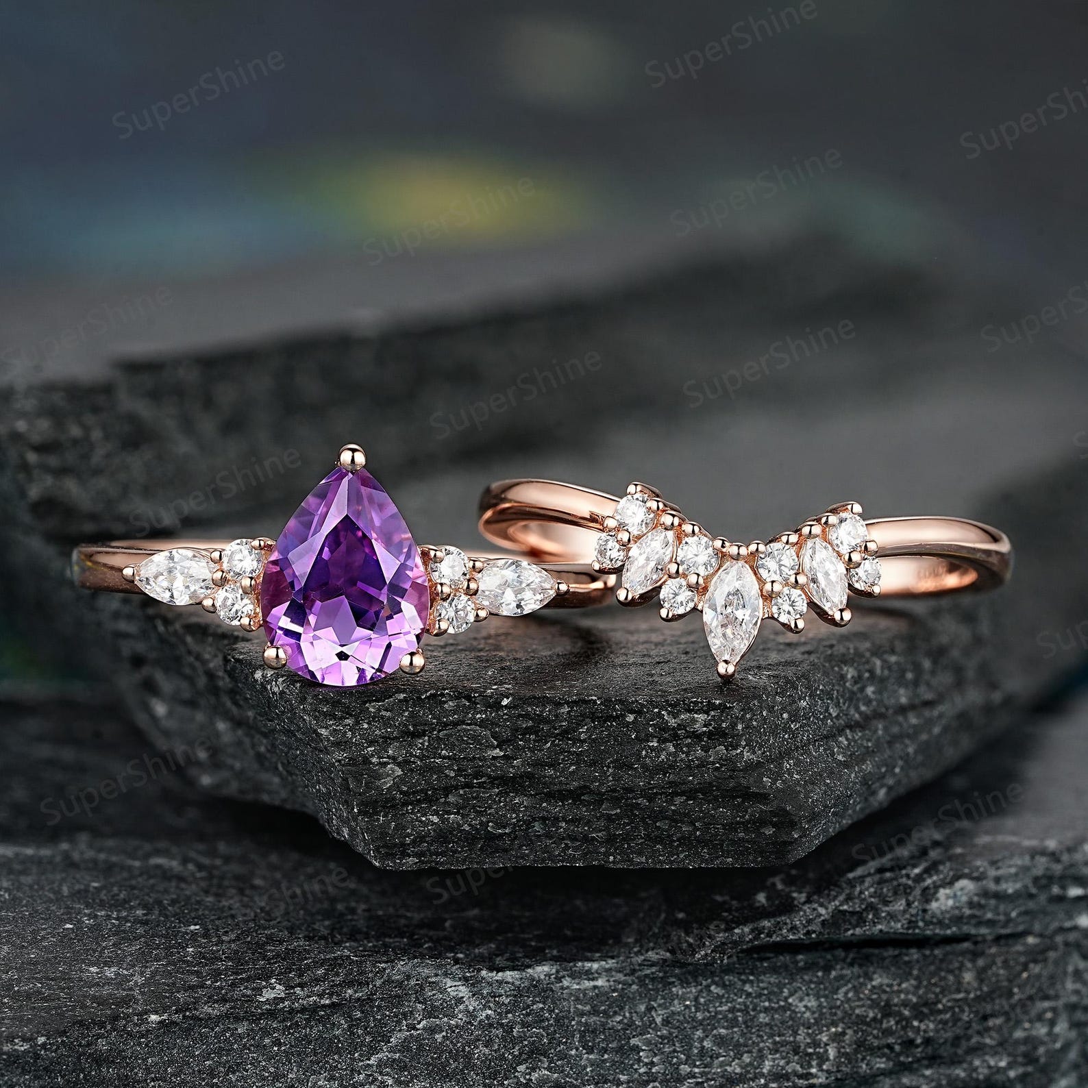Pear Amethyst Wedding Ring Set, Vintage Moissanite Cluster Curved ...