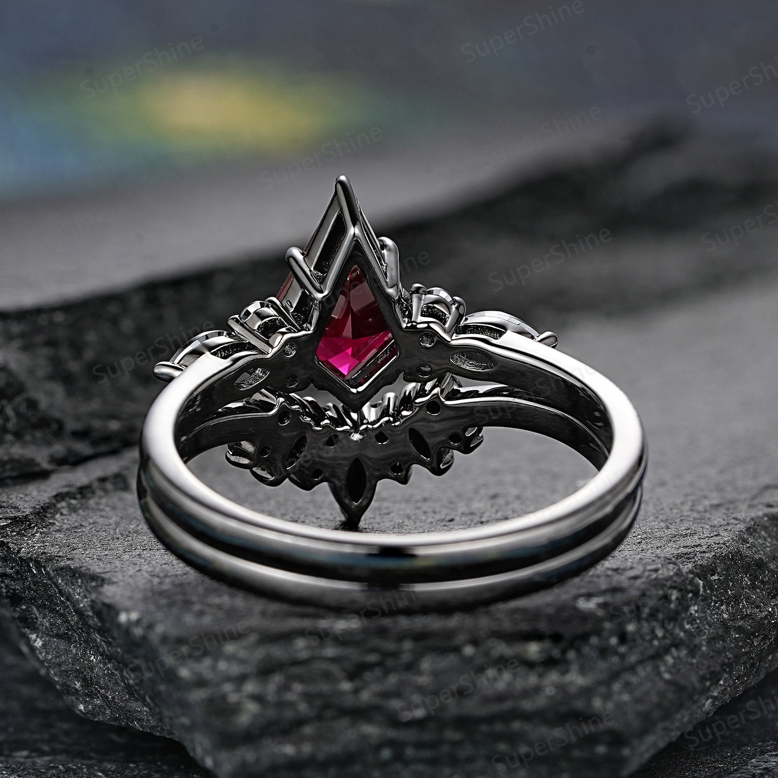 Kite Cut Vintage Ruby Wedding Ring Set, Vintage Moissanite Cluster ...