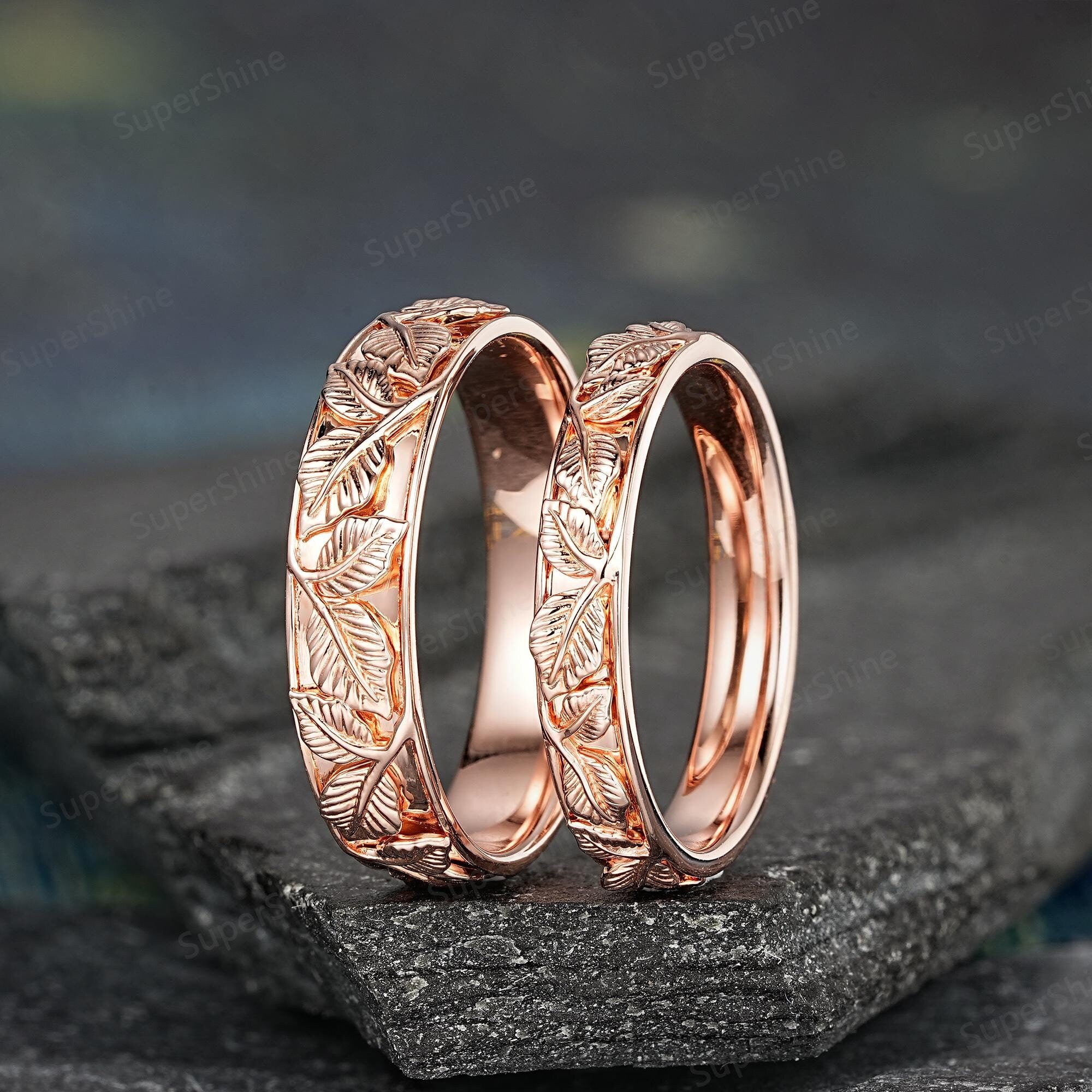 Nature Inspired Leaf Couple Ring Set Full Eternity Gold Match Ring for ...