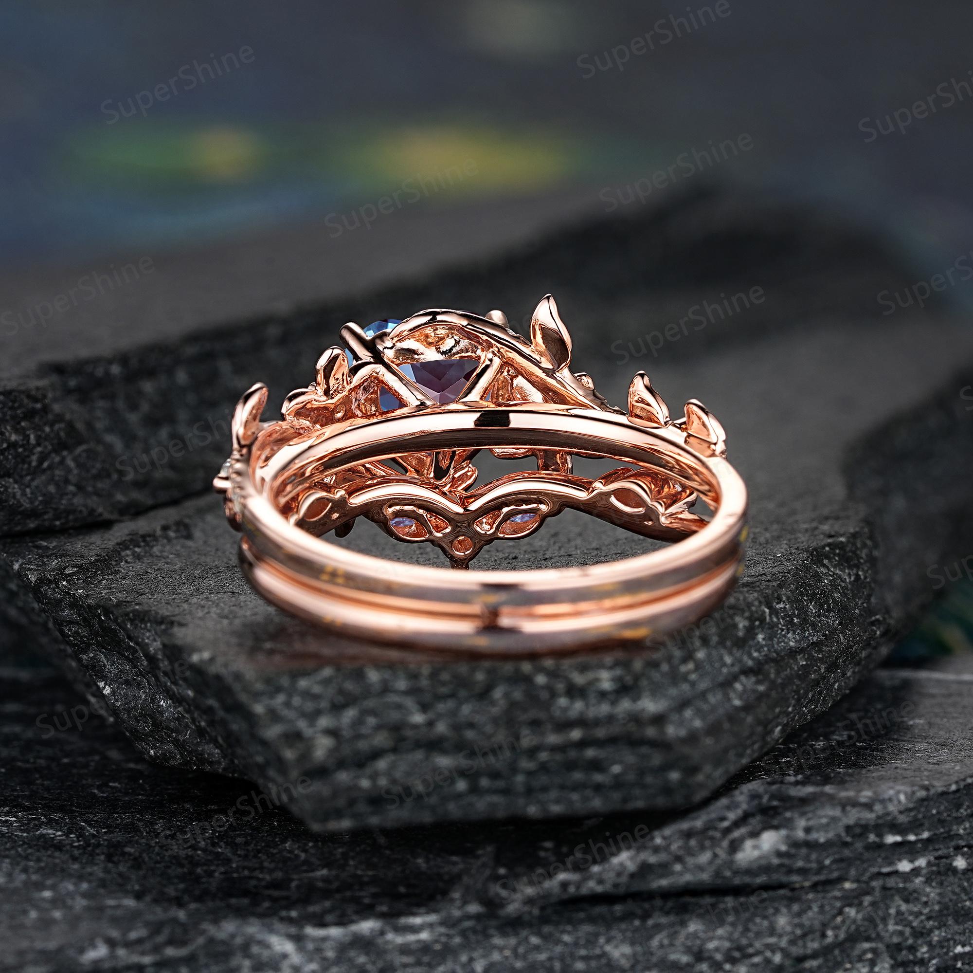 Heart Cut Alexandrite Engagement Ring Set Leaf Floral Moissanite ...