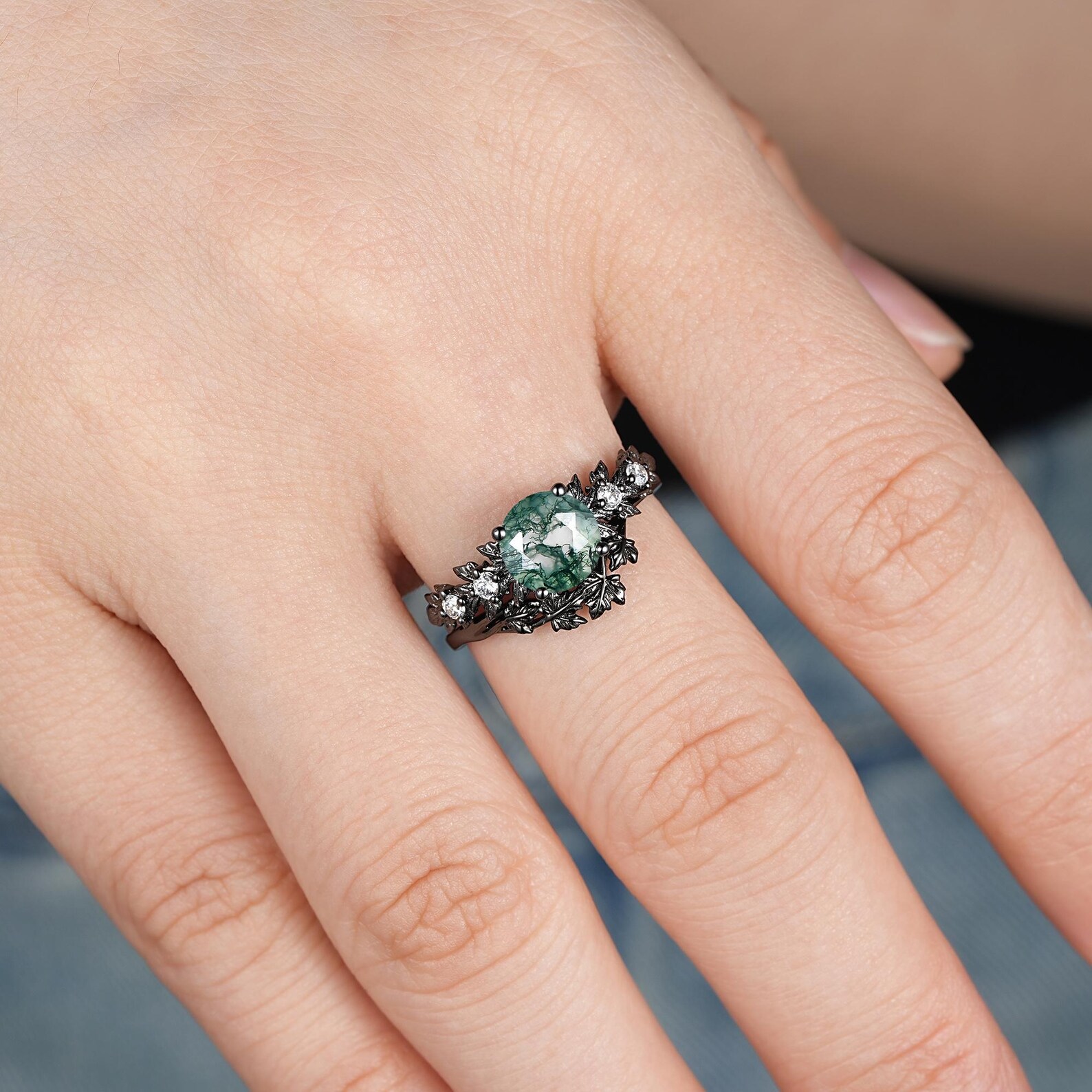 Round Moss Agate Engagement Ring Set Black Gold Maple Leaf Wedding ...