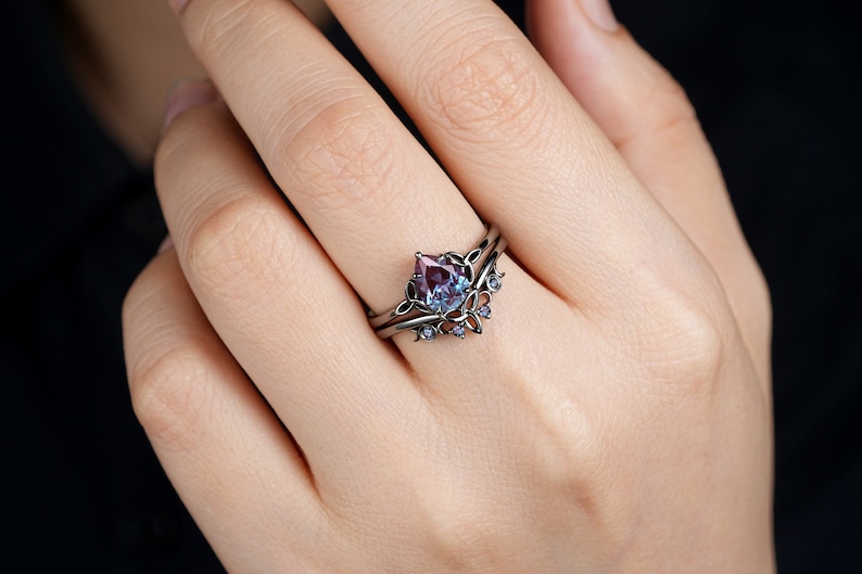 Pear Alexandrite Celtic Knot Engagement Ring Set Gothic Black Gold ...