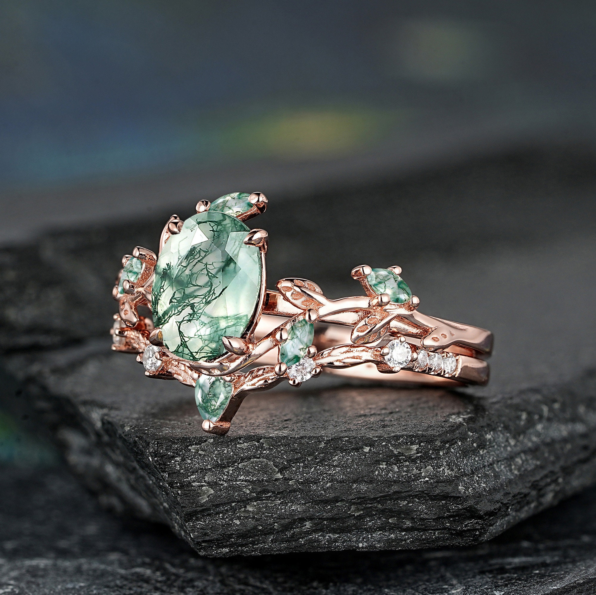Nature Inspired Moss Agate Leaf Engagement Ring, Oval Mossy Agate 14k ...