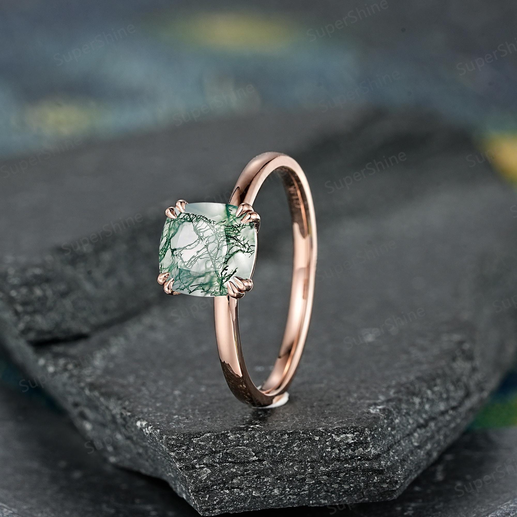 Minimalist Cushion Cut Moss Agate Engagement Ring Nature Green Agate Wedding Rings for Women 14k ...