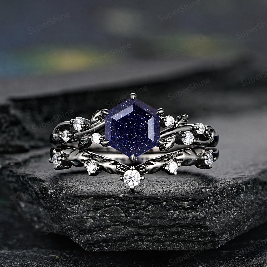 Hexagon Cut Galaxy Blue Sandstone Wedding Rings, Gothic Black Gold Leaf ...