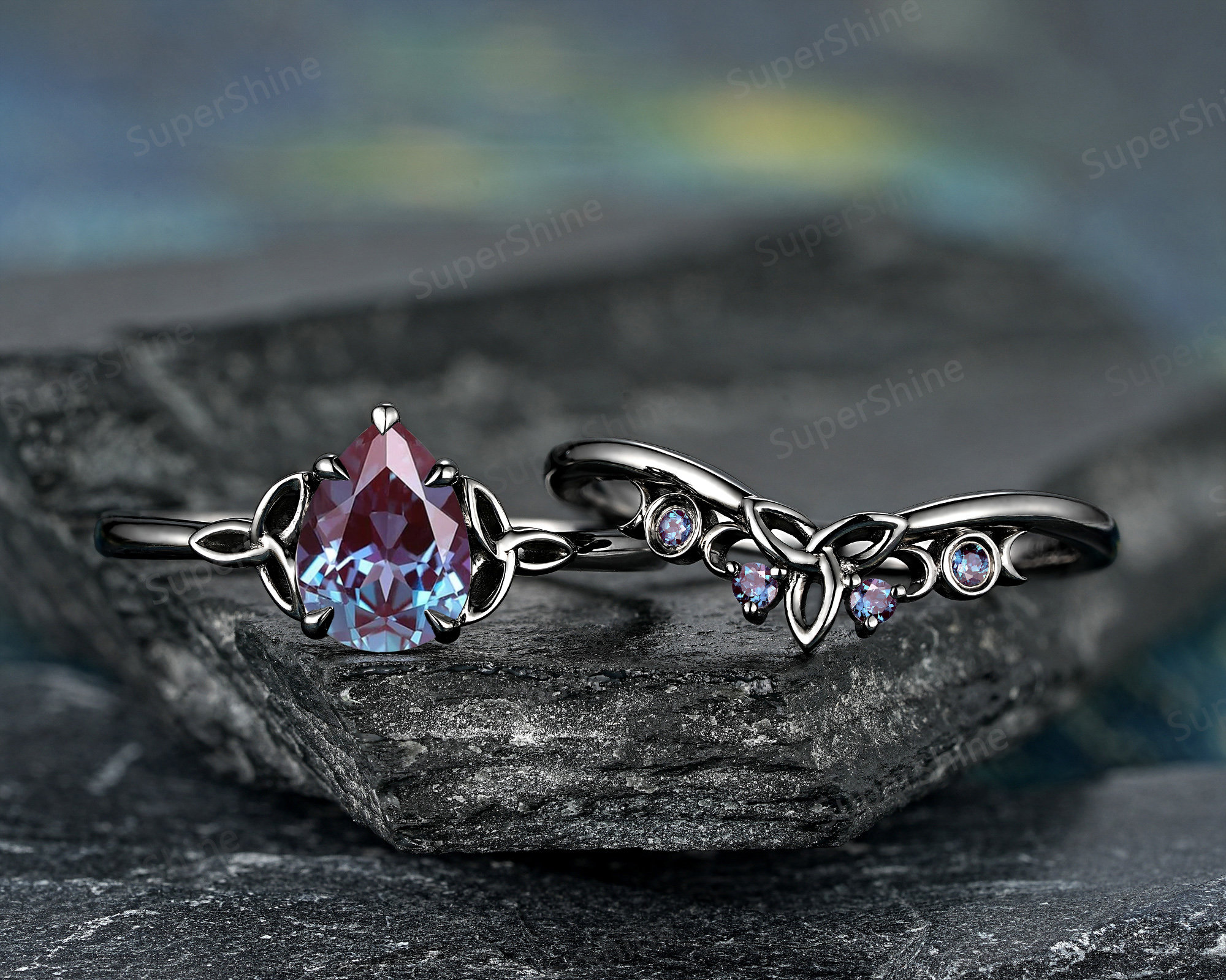 Pear Alexandrite Celtic Knot Engagement Ring Set Gothic Black Gold ...