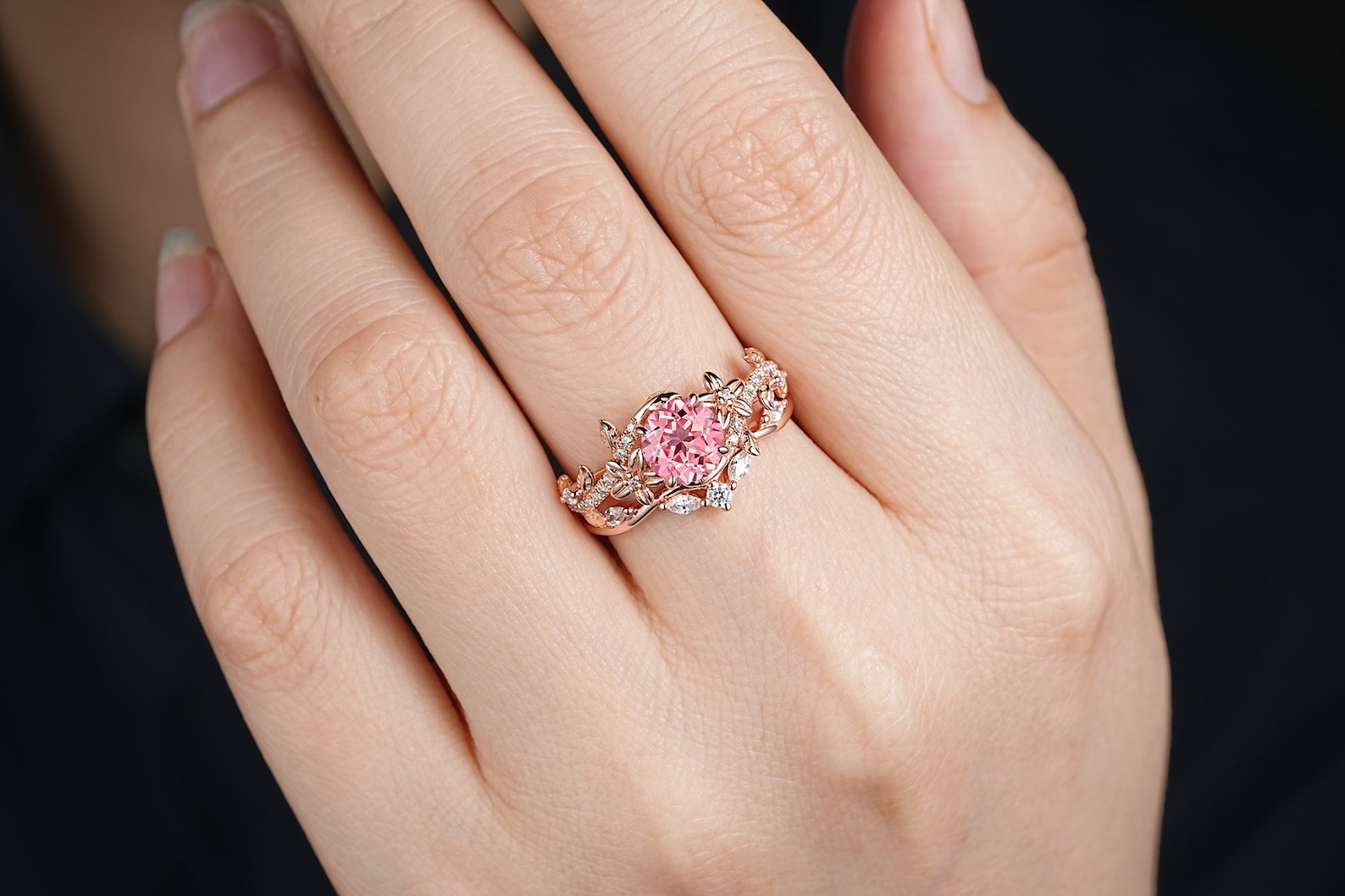 Round Pink Sapphire Engagement Ring Set Vintage Moissanite Leaf Floral ...