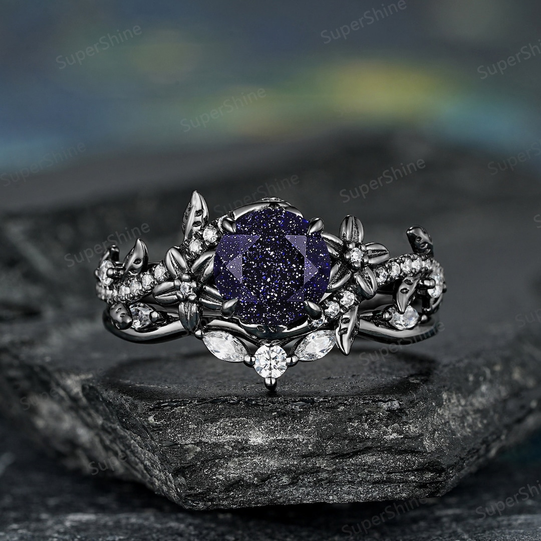 Art Deco Leaf Floral Galaxy Blue Sandstone Wedding Ring Set Black Gold ...