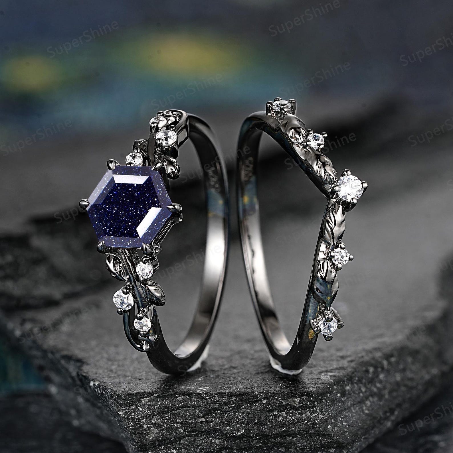 Hexagon Cut Galaxy Blue Sandstone Wedding Rings, Gothic Black Gold Leaf ...