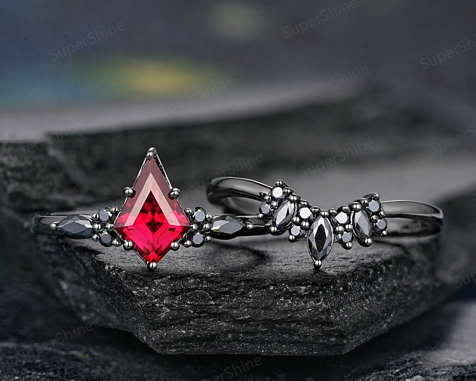 Kite Cut Vintage Ruby Wedding Ring Set, Vintage Moissanite Cluster ...