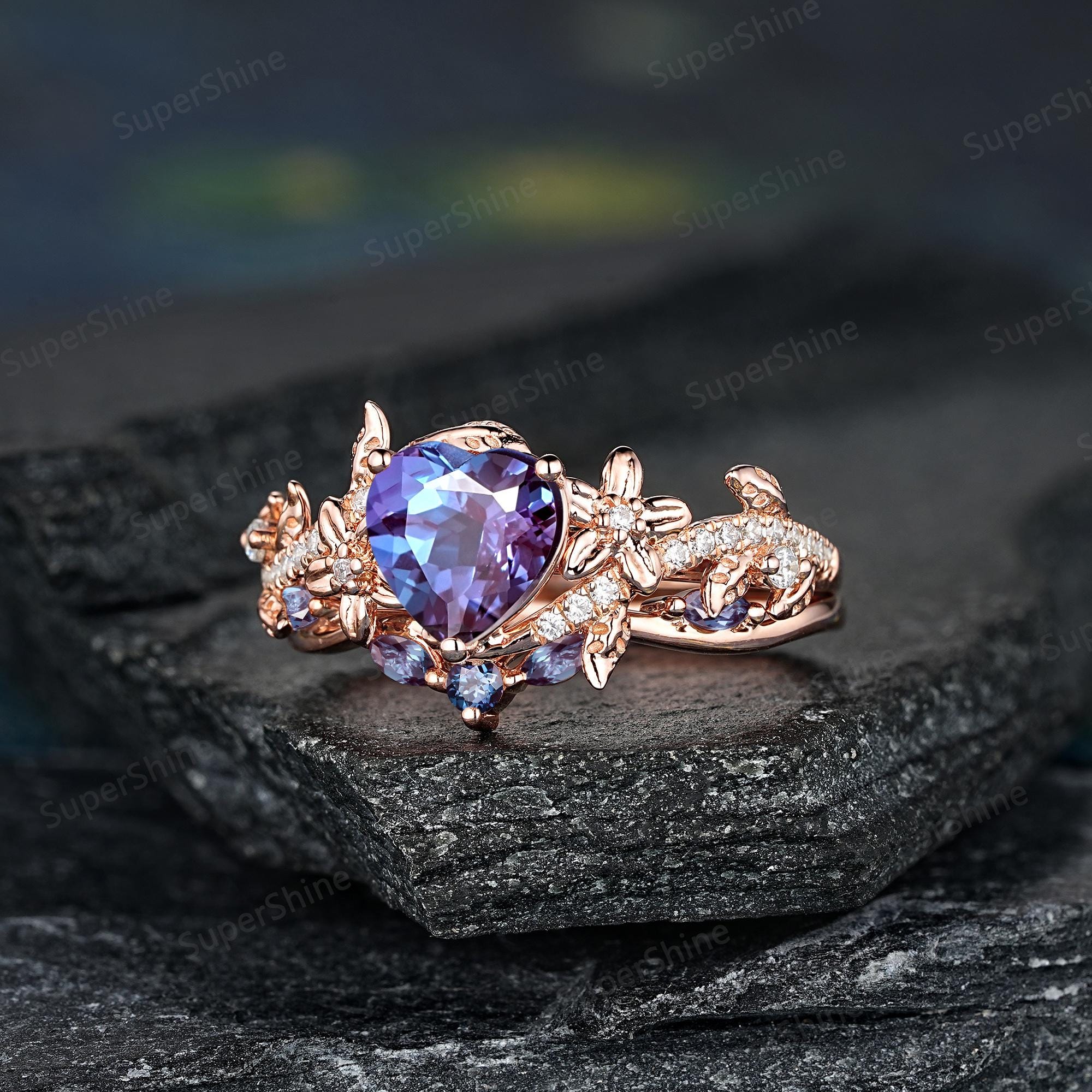 Heart Cut Alexandrite Engagement Ring Set Leaf Floral Moissanite ...