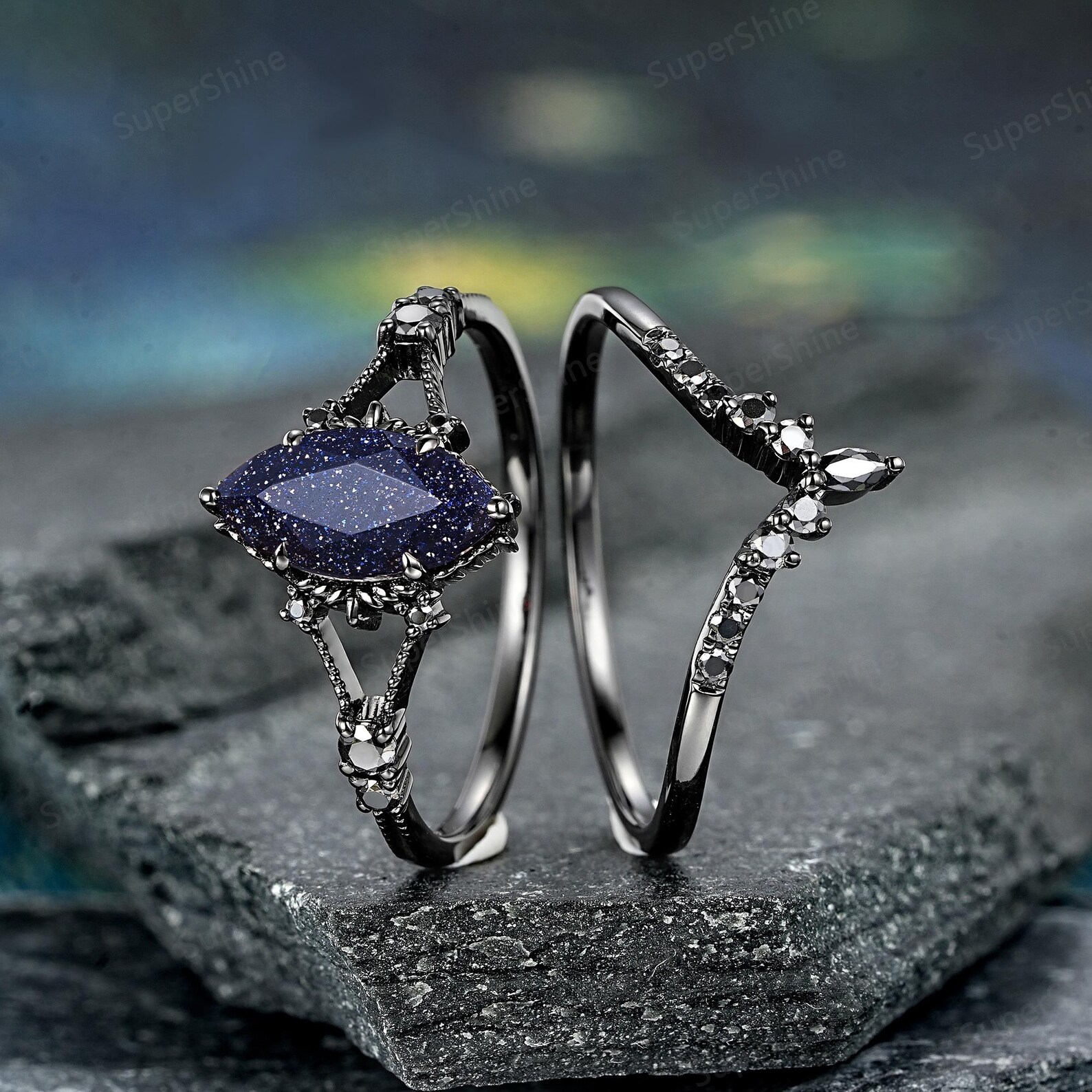 Marquise Cut Galaxy Blue Sandstone Engagement Ring Set Black Gold ...