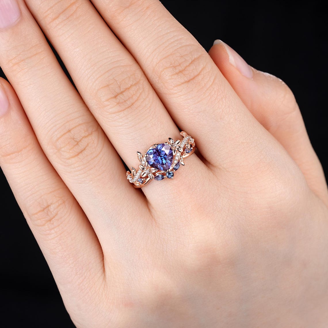 Heart Cut Alexandrite Engagement Ring Set Leaf Floral Moissanite ...