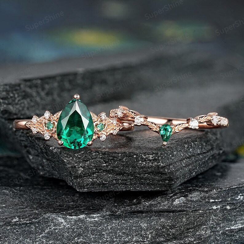 Antique Pear Emerald Engagement Ring Set, 14k Gold Leaf Floral Nature ...