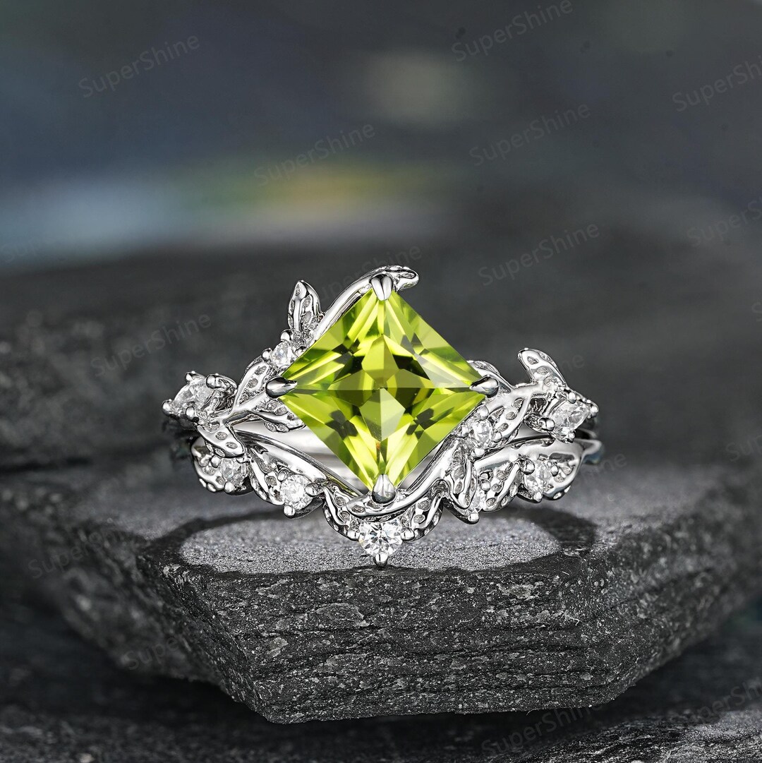 Princess Cut Peridot Engagement Rings Set Custom White Gold Nature ...