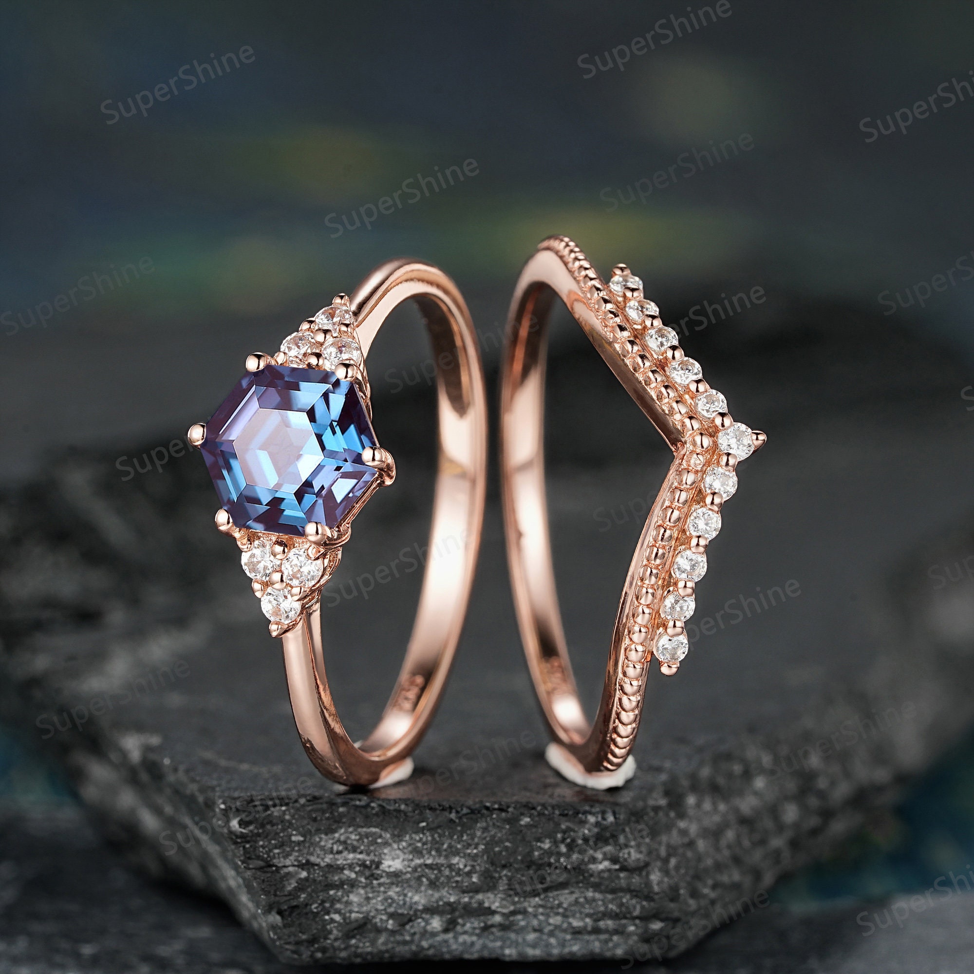 Hexagon Cut Alexandrite Engagement Ring Set Diamond Promise Rings for ...