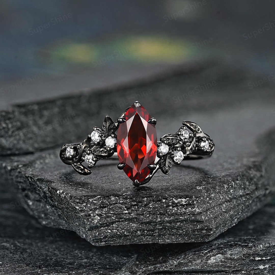 Marquise Cut Red Garnet Engagement Ring Black Gold Leaf Floral ...
