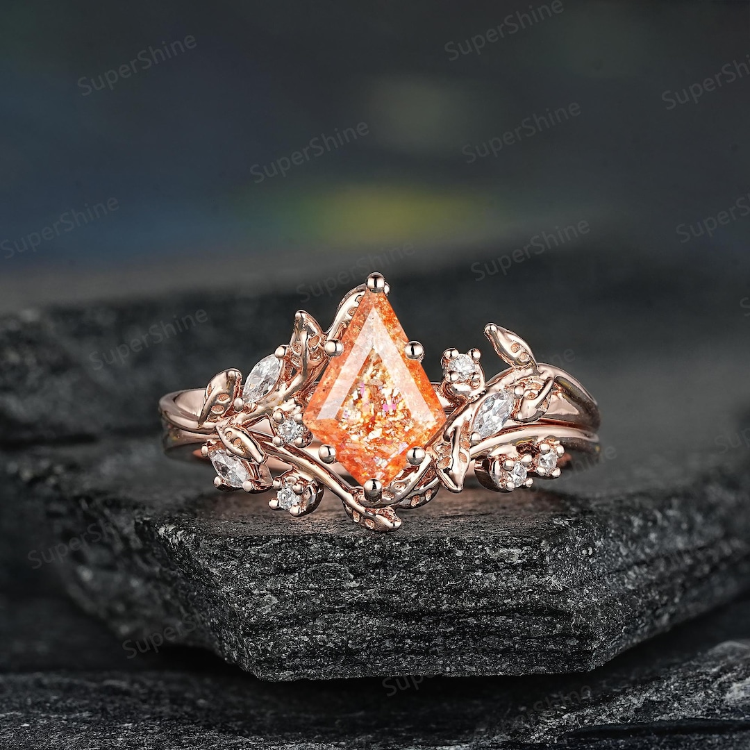 Kite Cut Sunstone Wedding Ring Set Solid Gold Leaf Floral Nature ...