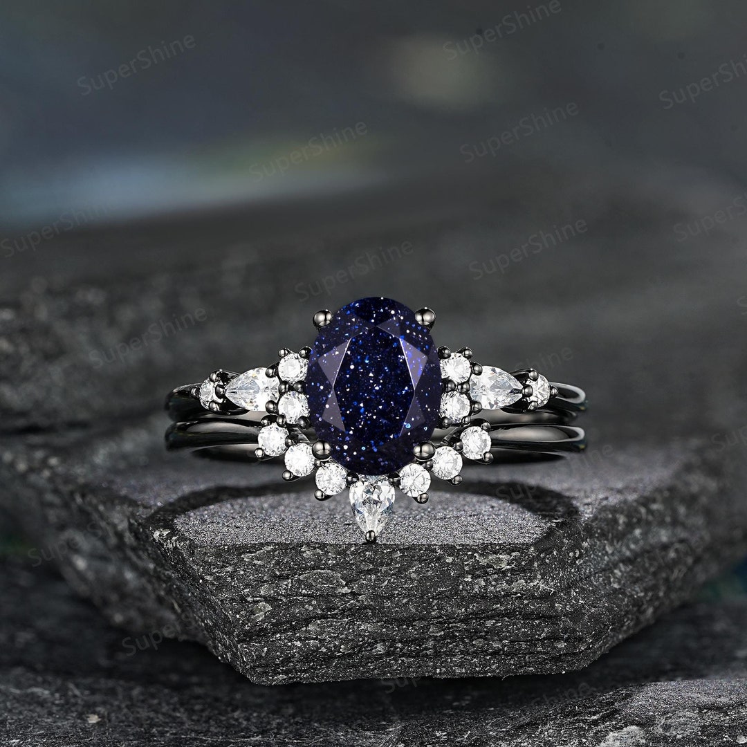 Oval Cut Galaxy Blue Sandstone Wedding Ring Set Black Gold Starry Sky ...