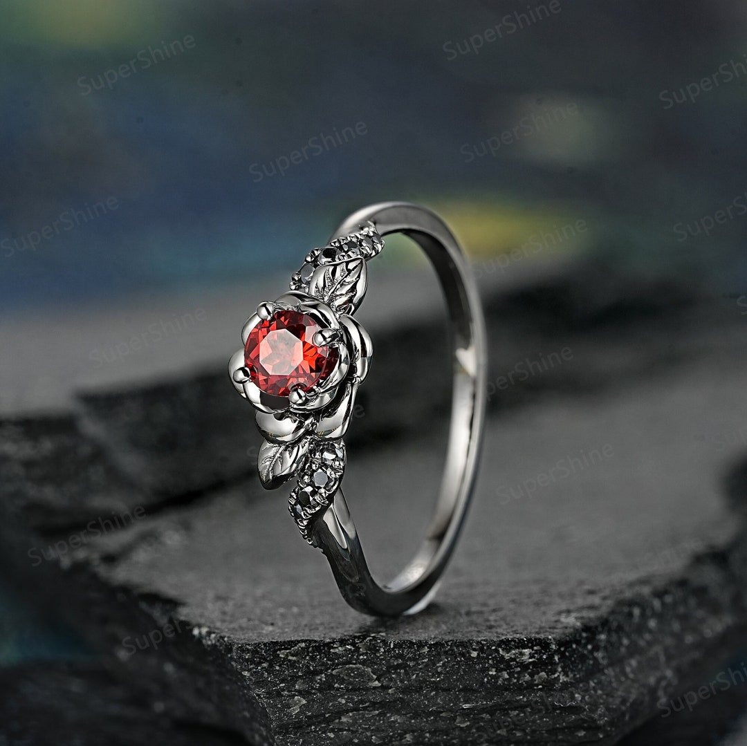 Art Deco Rose Garnet Engagement Ring, Black Gold Nature Inspired Leaf ...
