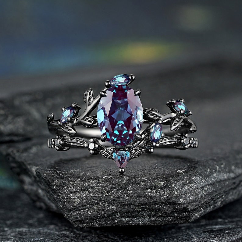 Gothic Black Rhodium Alexandrite Leaf Engagement Ring, Oval Shape June ...